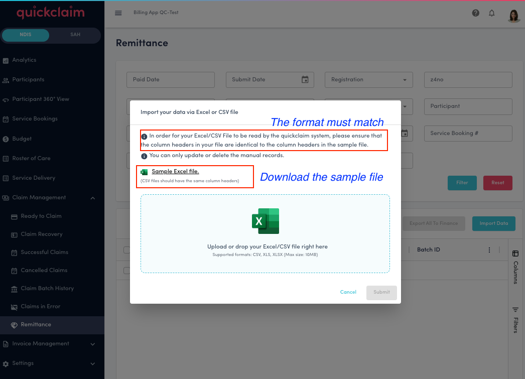 How to manually add missing remittance file to quickclaim
